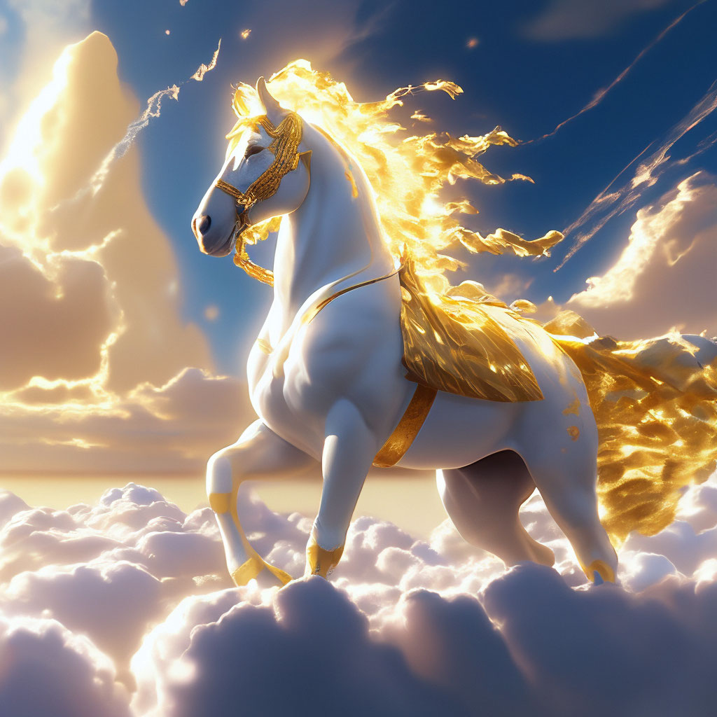 "White horse with golden mane in the clouds, golden royal mantle, honor ...