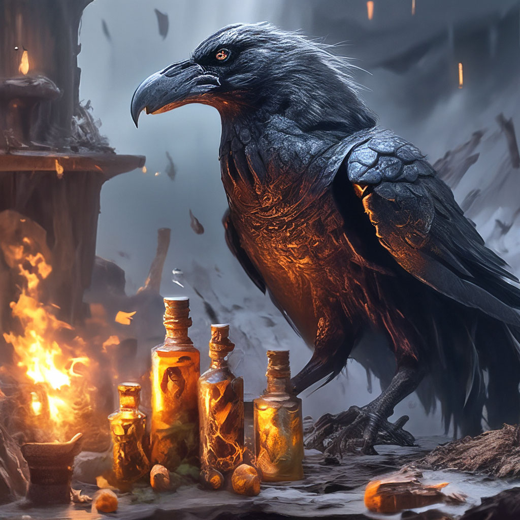 "Raven the potion merchant, dnd style" — image created in Shedevrum