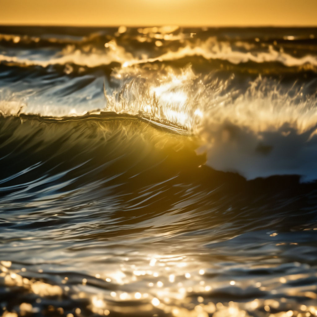 "Flying over the waves, the sun, glare of light, smoothing, volumetric ...