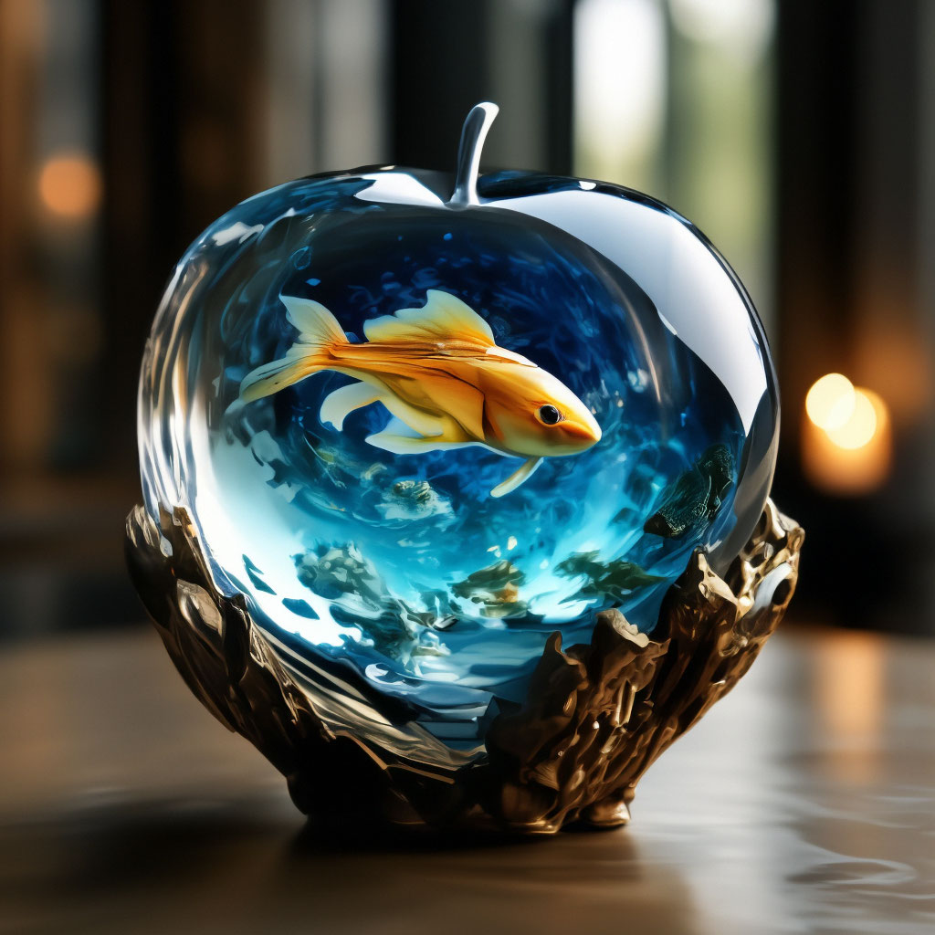 "Crystal heavenly apple, with ocean and fish inside, baroque" — image ...