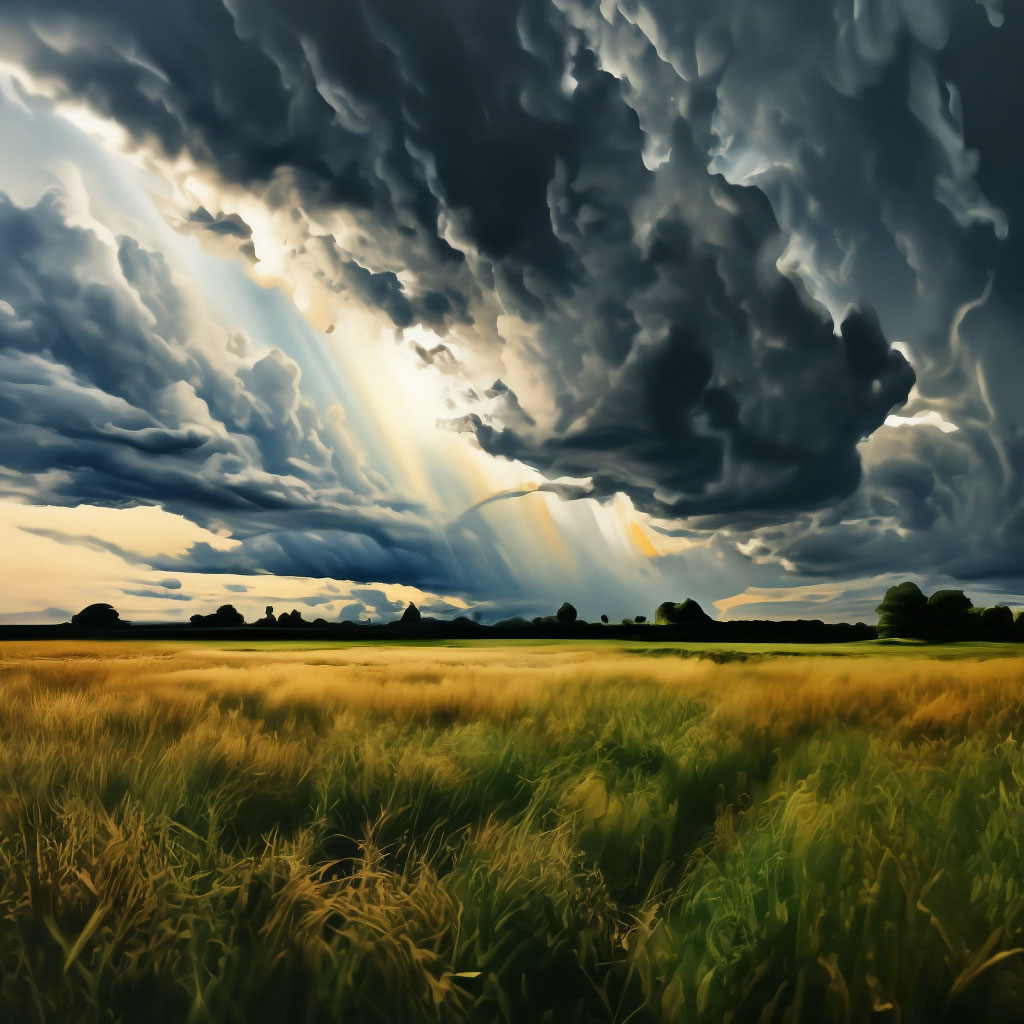 "Wide field, tall green grass, thundercloud, summer, the sun is shining ...
