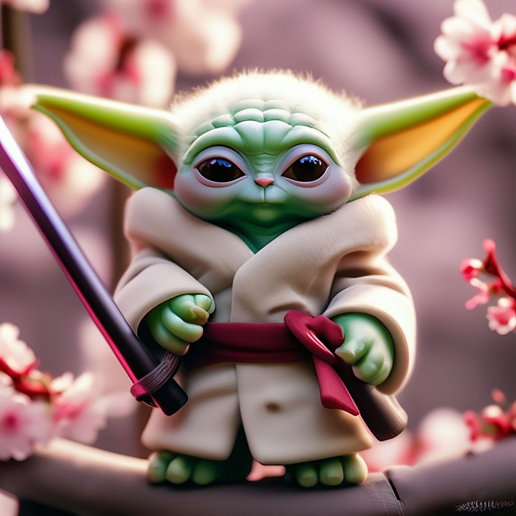 "Fluffy cute tiny samurai Yoda with lightsabers on the background of ...