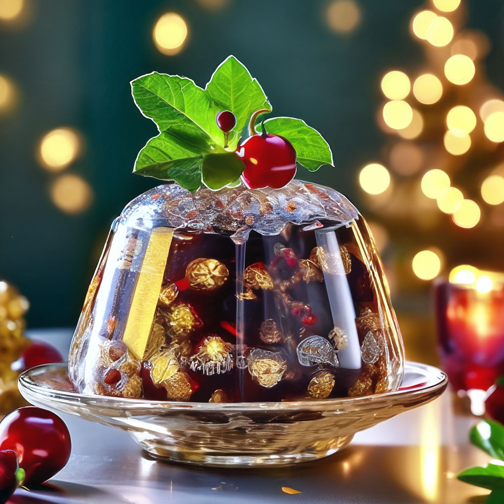 "Christmas pudding, with cherry and mint in a glass container ...