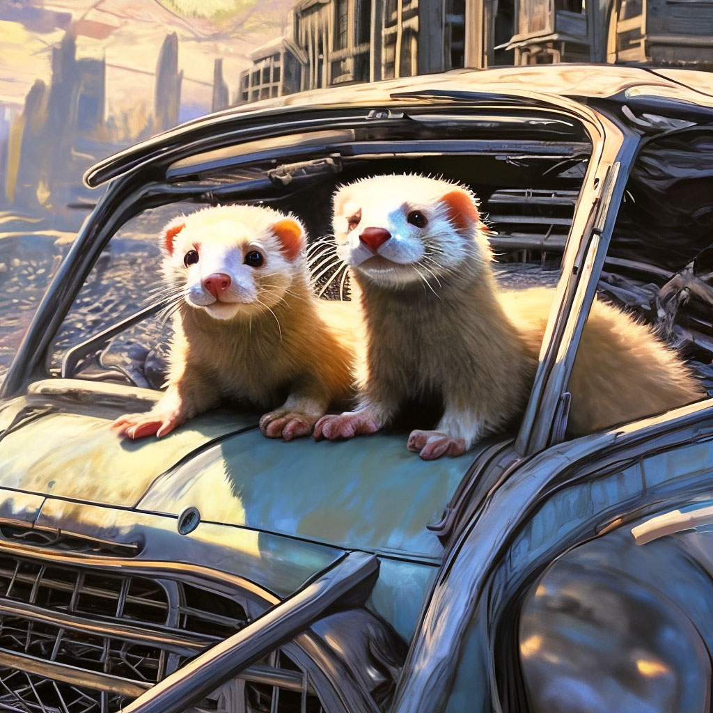 "Two ferrets steal a car, fine black ink drawing, beautiful landscape ...