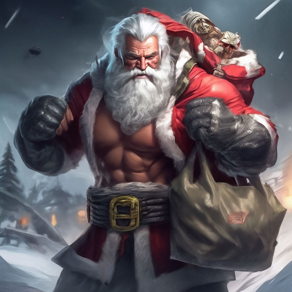 "Brutal strong gray-haired Santa Claus holds a bag of gifts on his ...