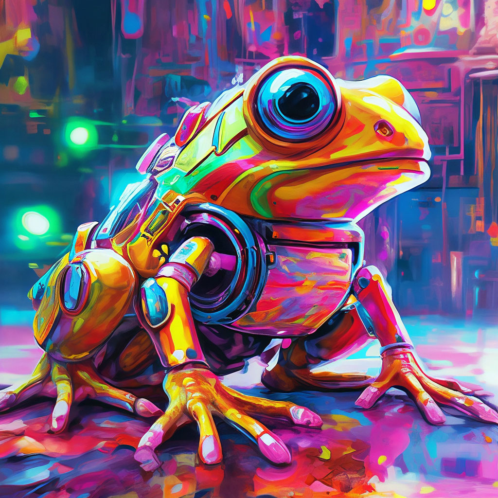 "Frog plus multi-colored robot" — image created in Shedevrum