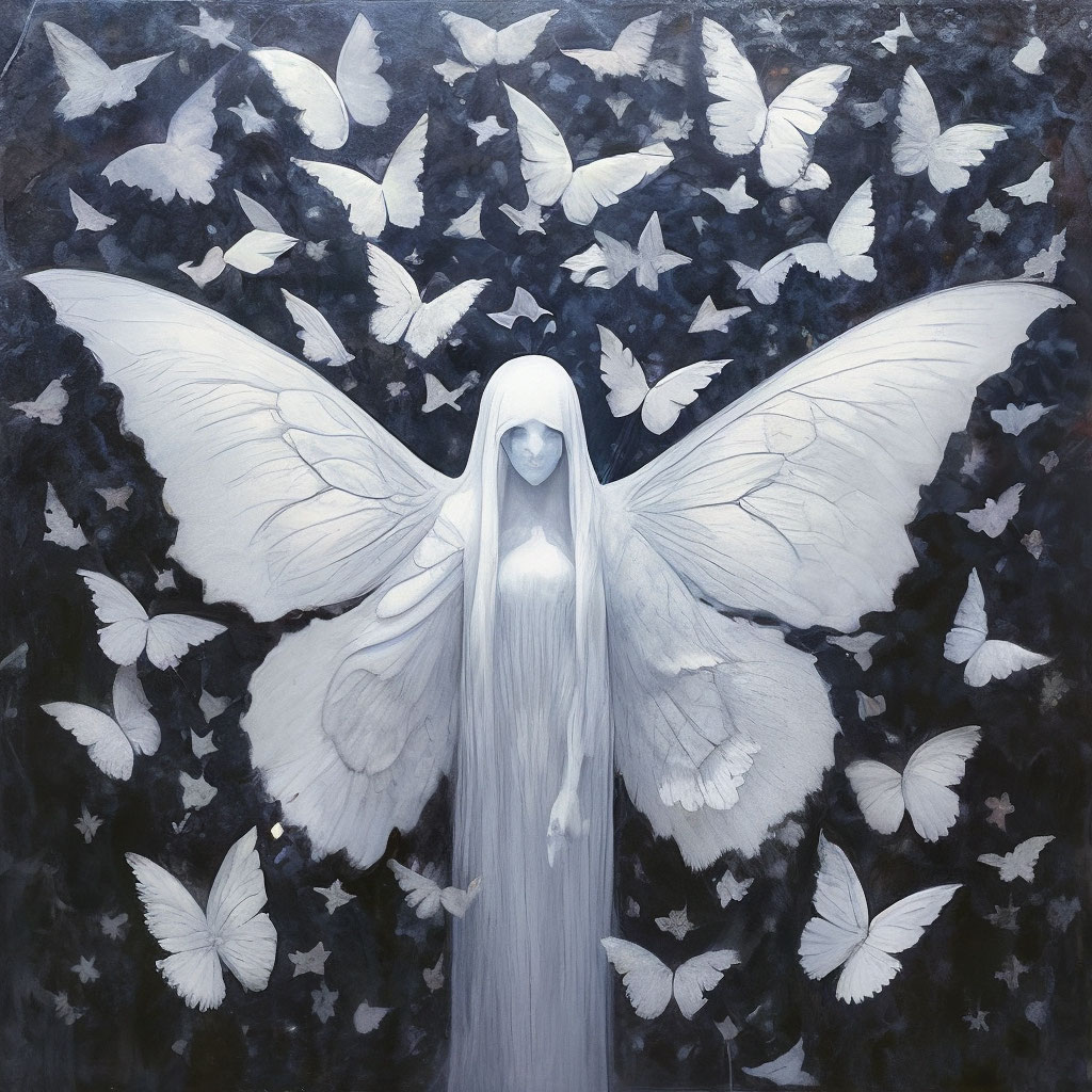 "A kind ghost whose silhouette consists of white butterflies" — image ...