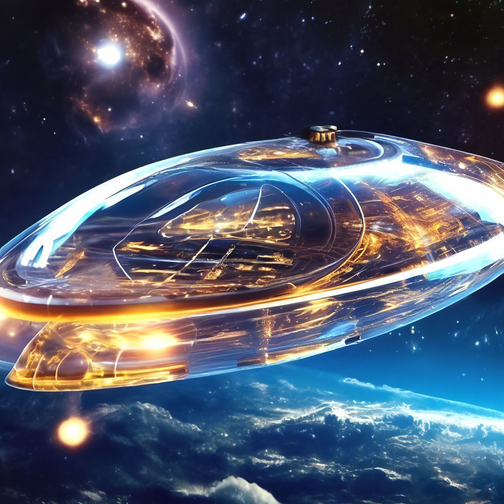 "Glass transparent spaceship in space, cosmos, milky way, filigree, 64k ...