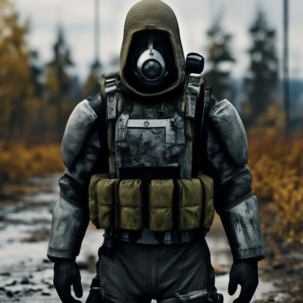 "Chernobyl, the stalker is dressed in dark gray and white Motley ...