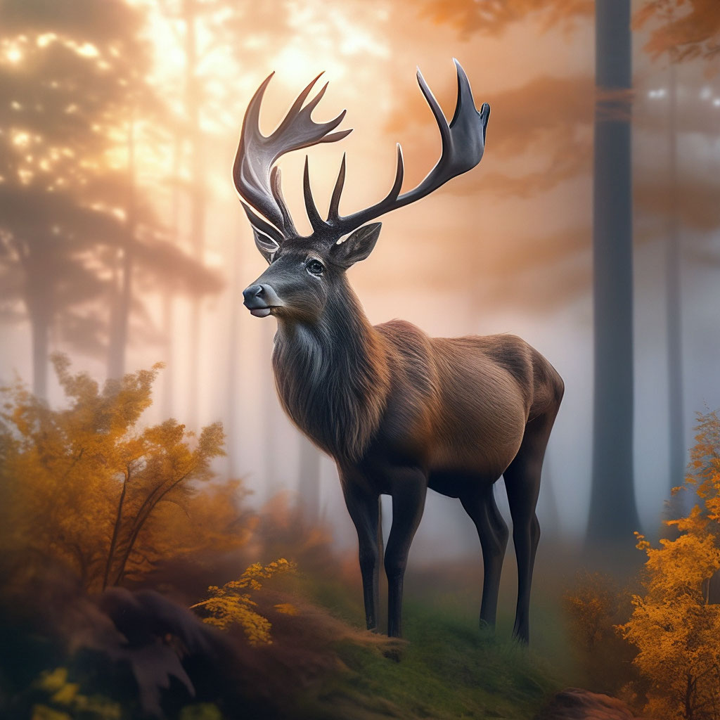 "Horned deer at dawn in the forest, autumn, fog, hyperrealism ...