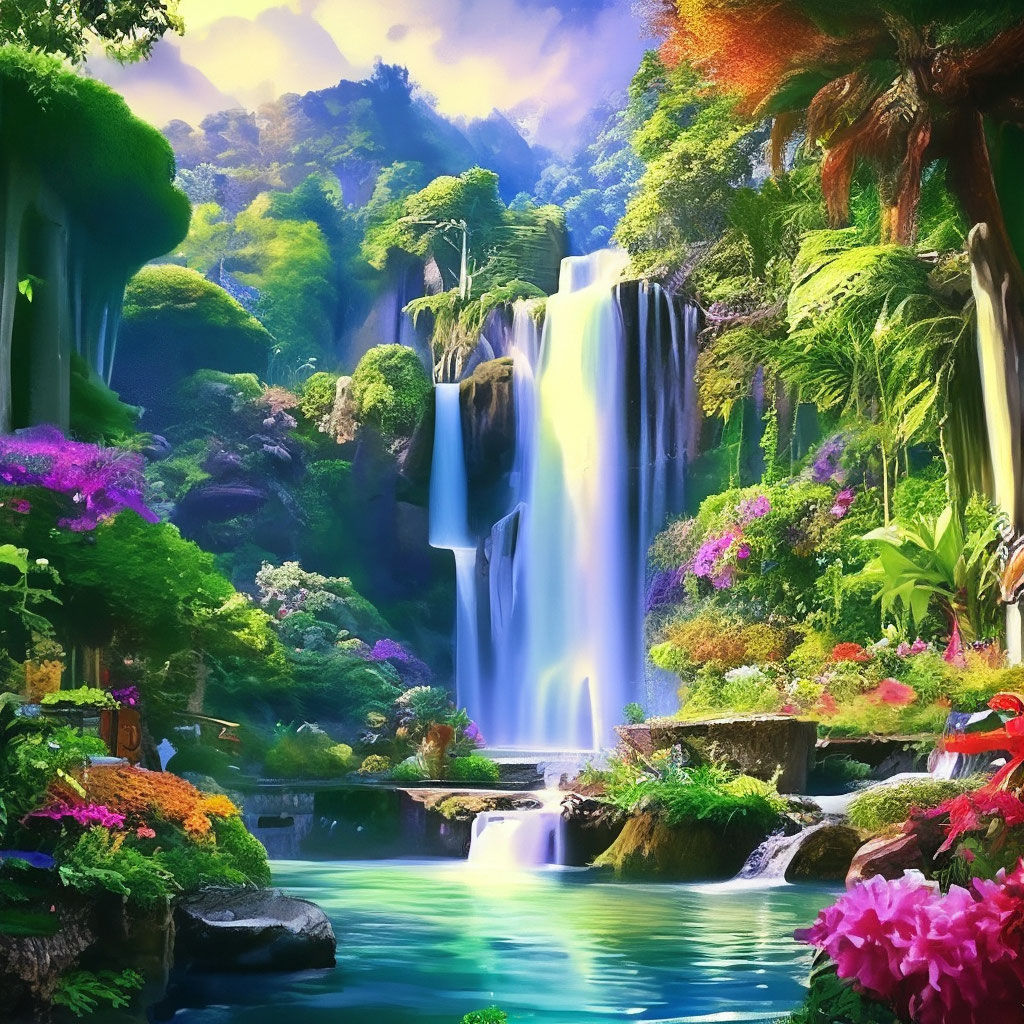 "Fabulously beautiful waterfall in the heavenly garden of paradise ...