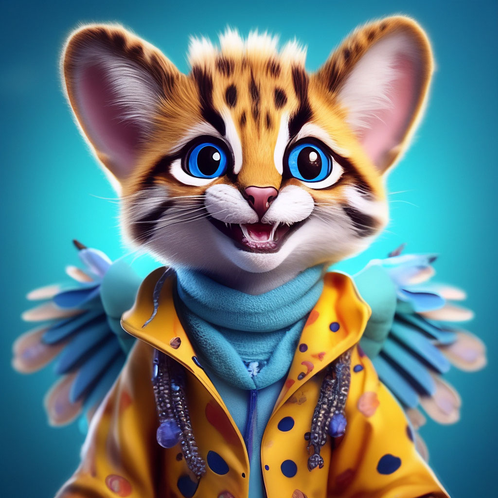 "Creep fluffy funny bug-eyed ocelot, smiling in cool clothes with wings ...