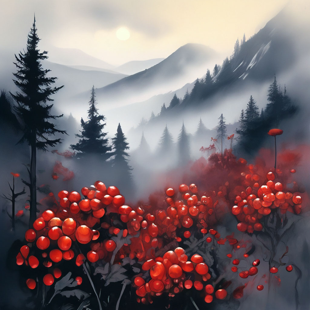 "Болото autumn,fog, morning, hyperdetals, mountain, berry bushes, dark ...