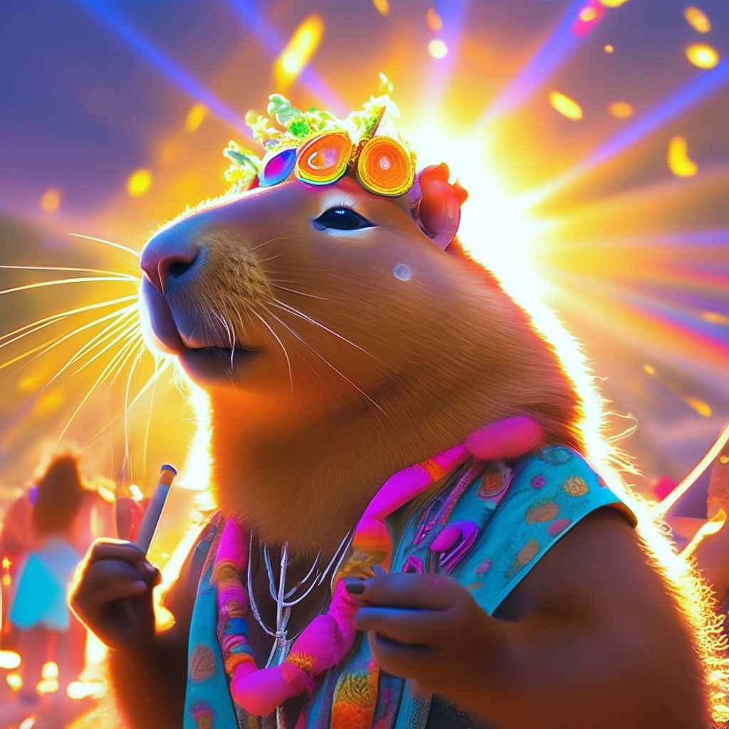"Capybara-hippie, something smokes at the hippie festival, sun rays ...