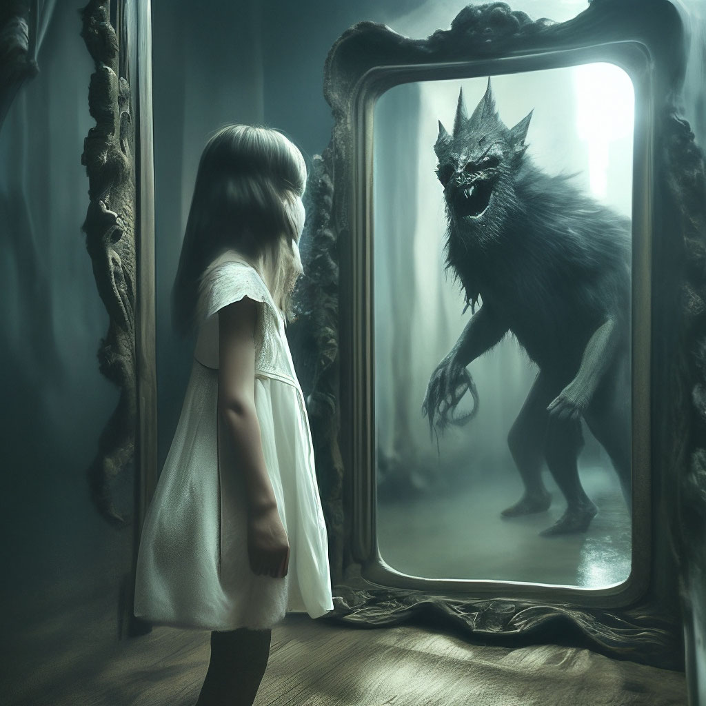 "A girl looking into mirrors places herself to see the reflection of a ...