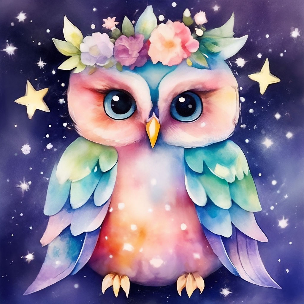 "Cute pastel Owl, watercolor pastel colors, glitter, star wreath on the ...