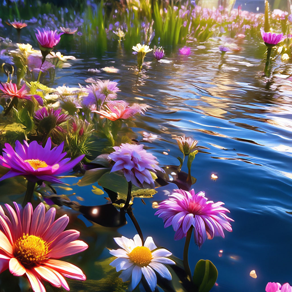 "A variety of flowers bloom around the lake, glitter on the water ...