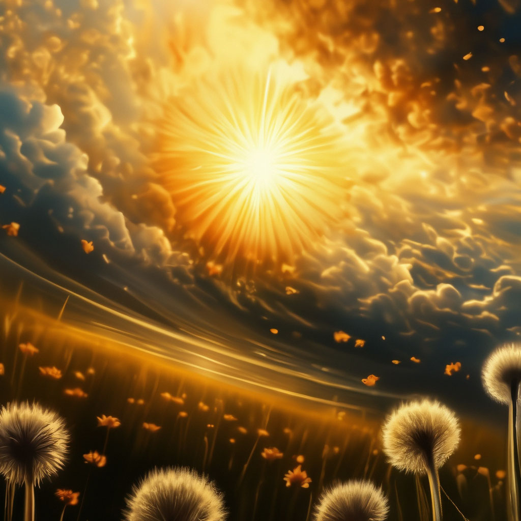 "Sketch, field of dandelions, whirlwind in the clouds, anthropomorphic ...