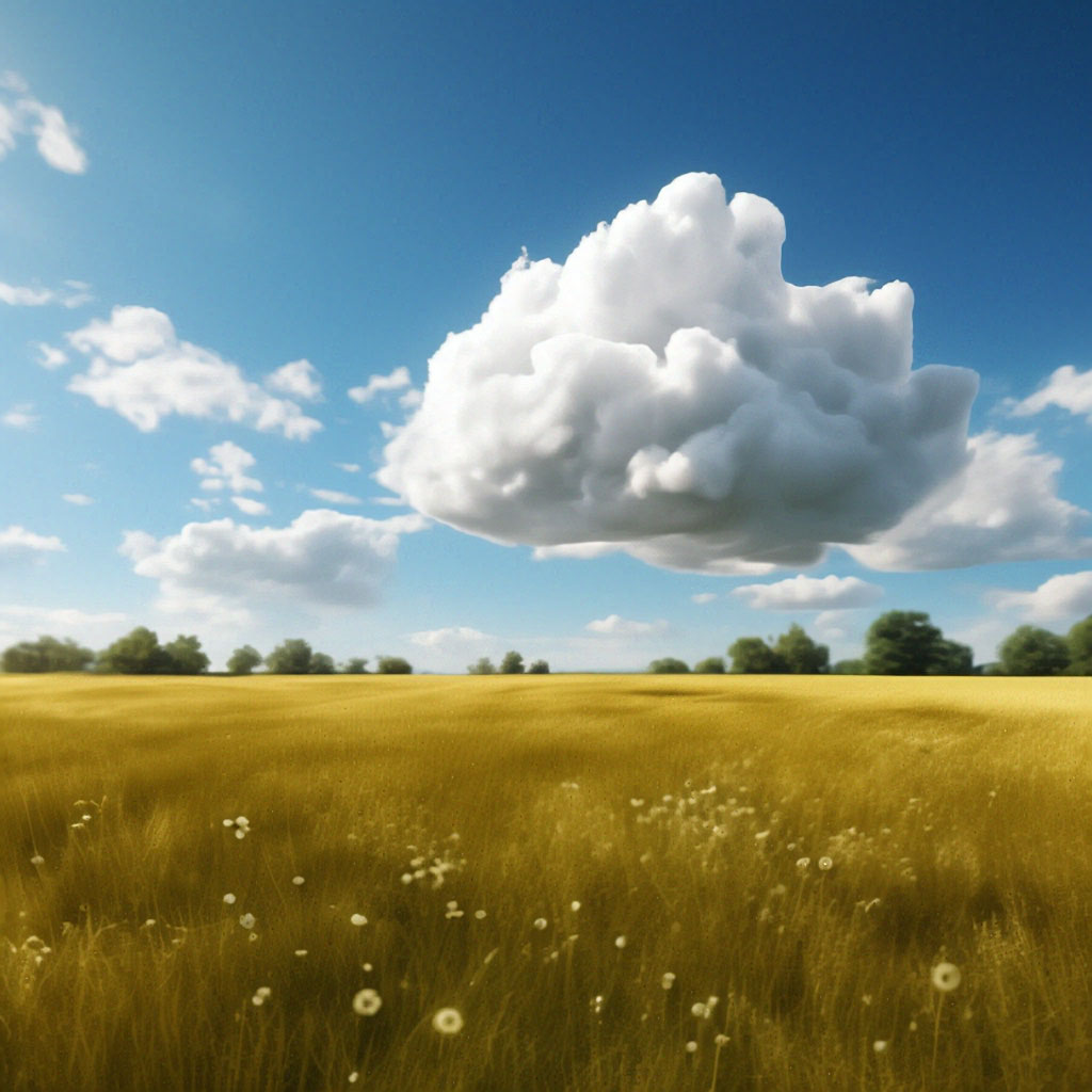 "A beautiful clear field, huge fluff flying in the sky" — image created ...