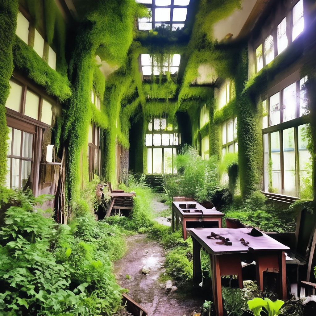 "Abandoned school 🏫 overgrown in greenery in the style of Geiger and ...