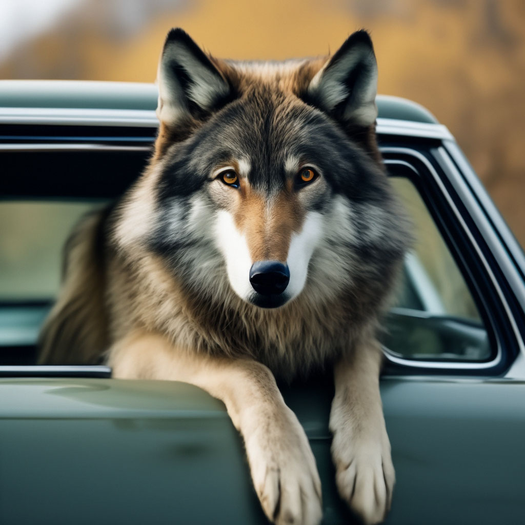 "The wolf is sitting on the car" — image created in Shedevrum