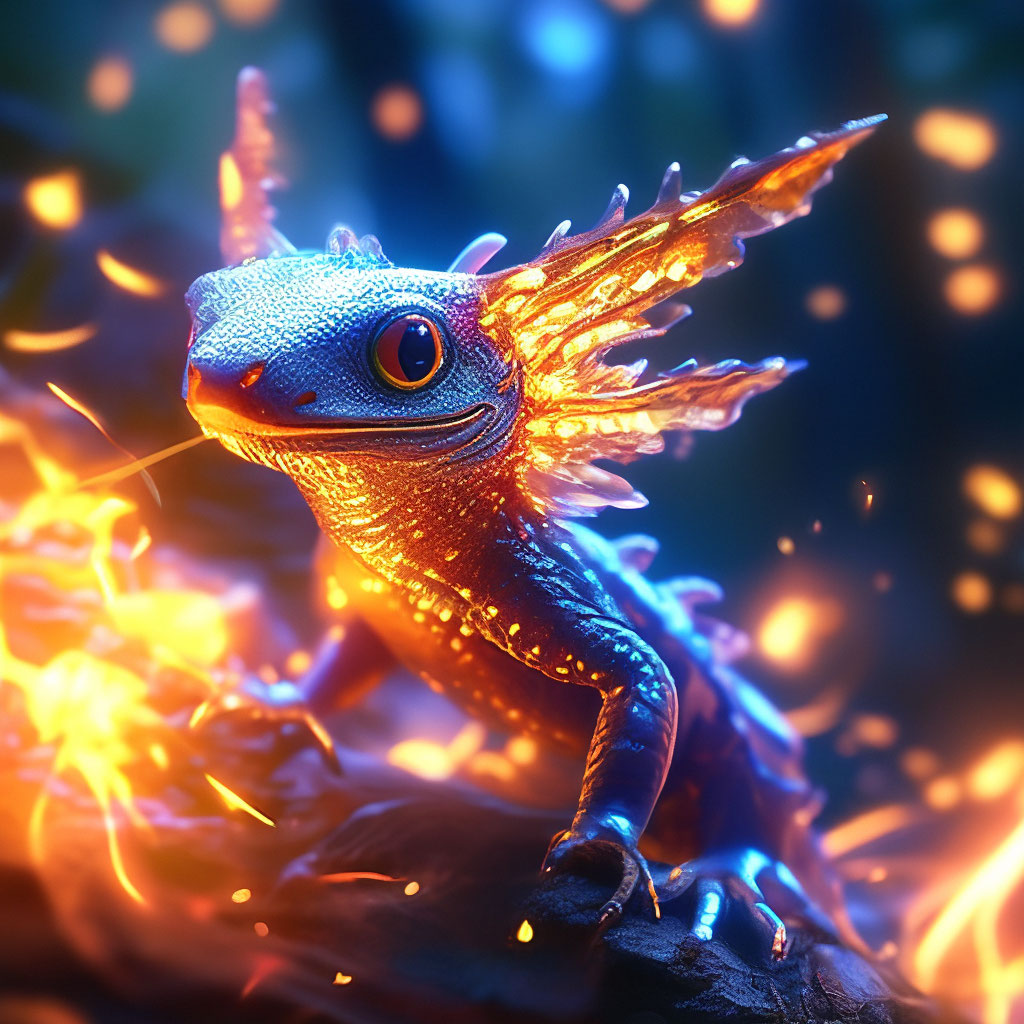 "Salamander, fire dance, magic light, haze, photorealism ...