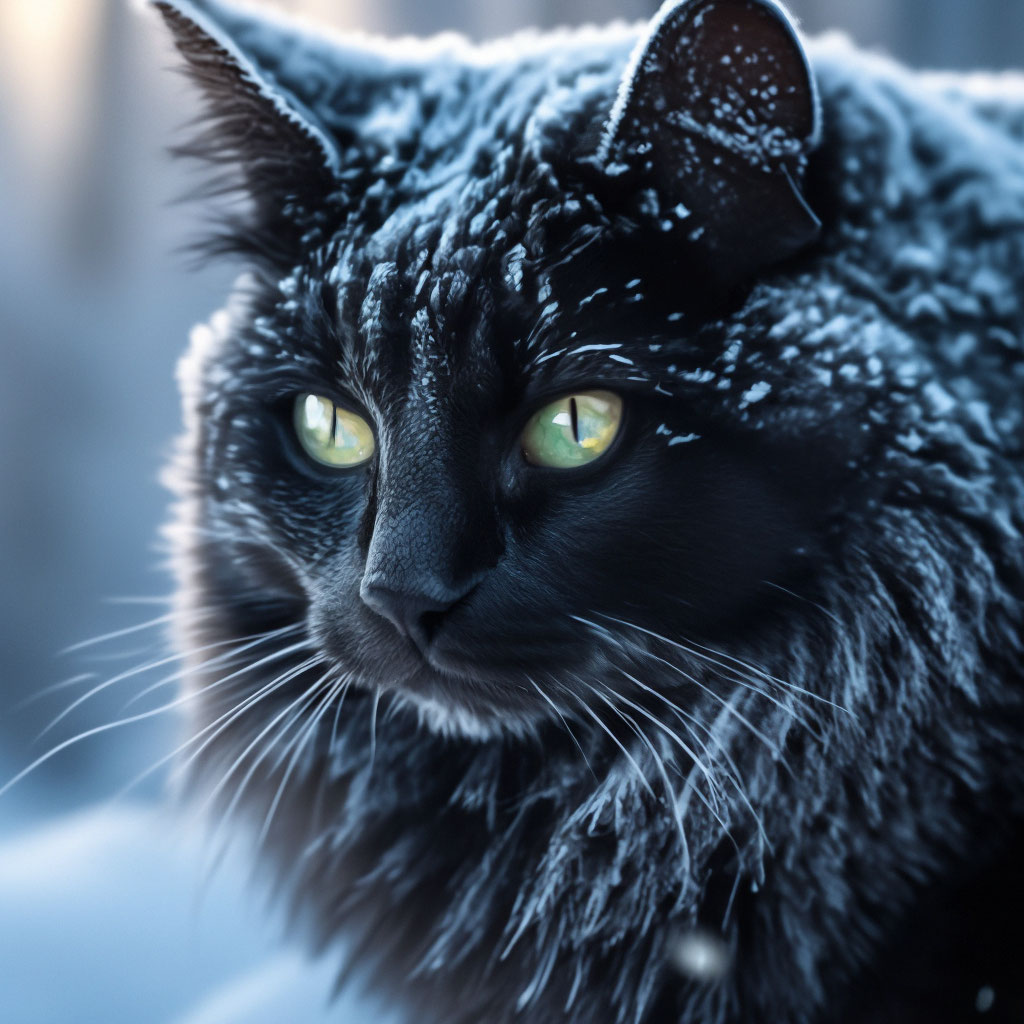 "Hyperrealism, very black cat, emerald eyes, wobblies, haze, with fluff ...