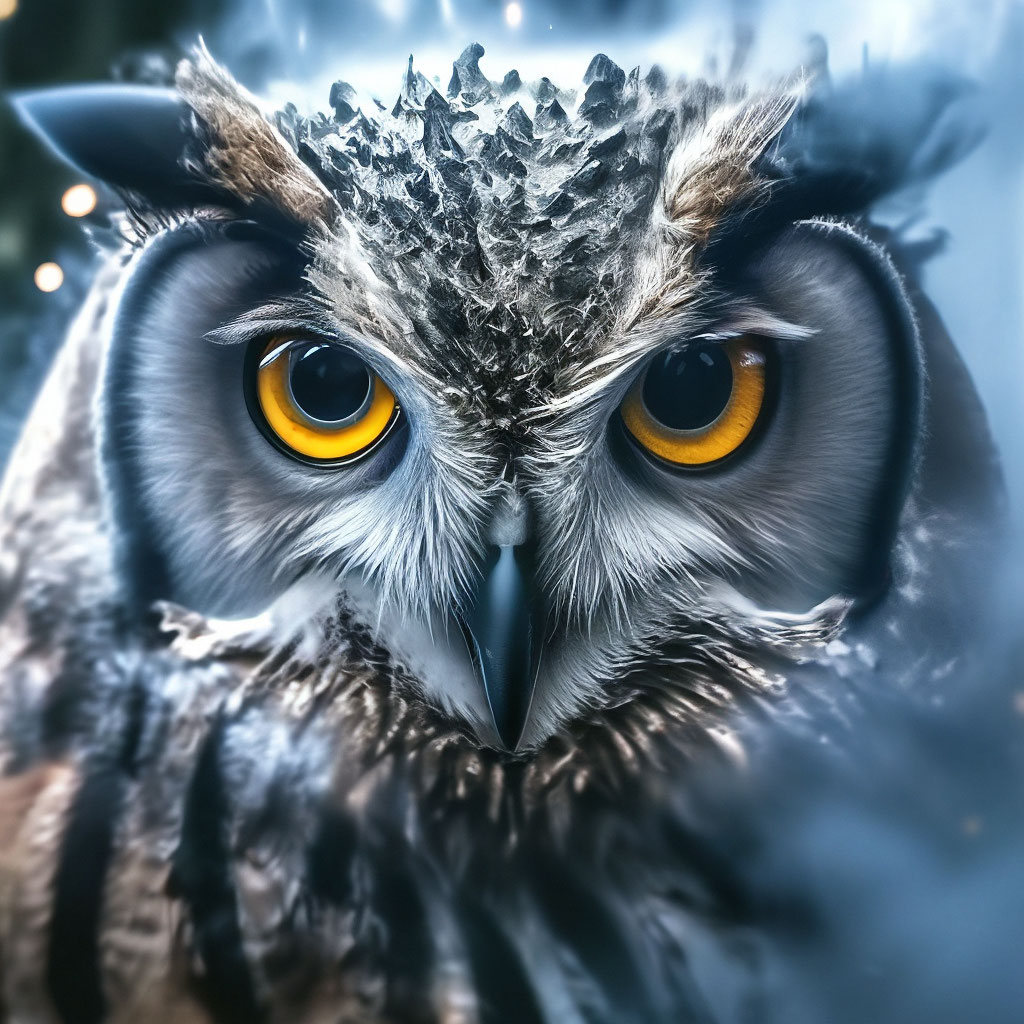 "Hyperrealism, beautiful foggy, consisting of smoke spectacular owl ...