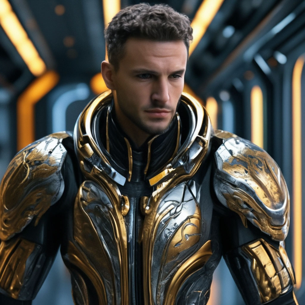 "Biomechanical man in armor on a spaceship in the galaxy high quality ...