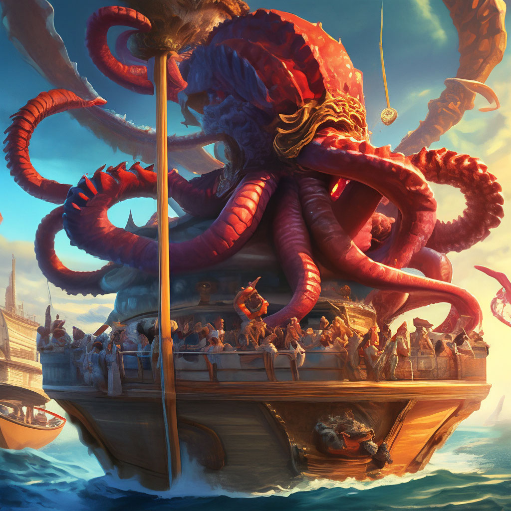 "Giant kraken spins ships around like a carousel" — image created in ...