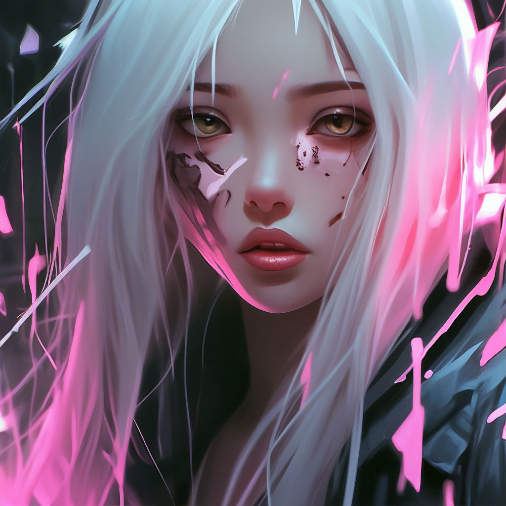 "Girl's face close-up, long hair, cracks, shards, face crumbles into ...