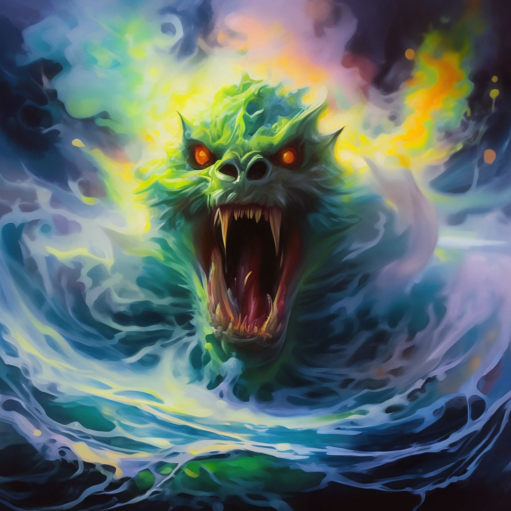"Monster's head bursts out of the sea of whirlpool, oil painting, smoke ...