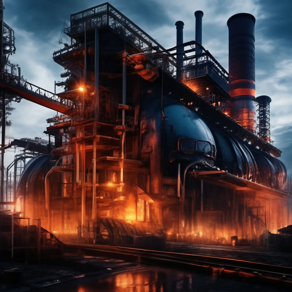 "A huge blast furnace in an old factory" — image created in Shedevrum
