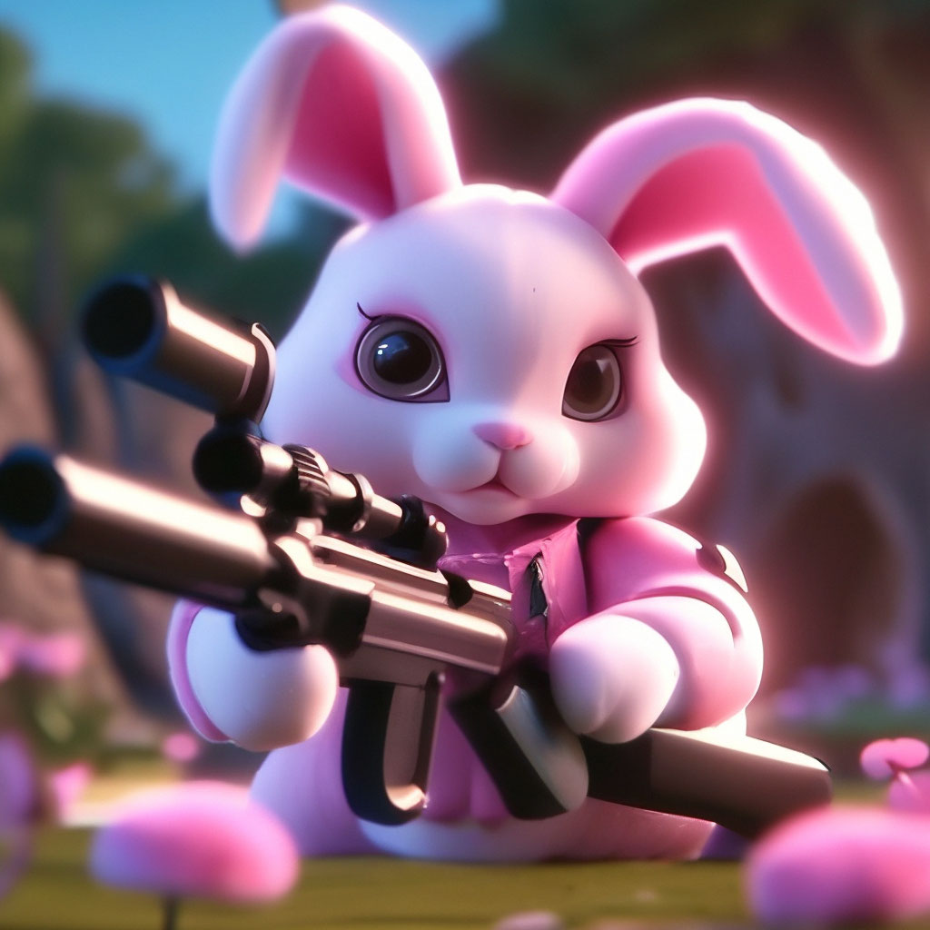 "The cutest pink bunny is lying in ambush with a sniper rifle, big ...