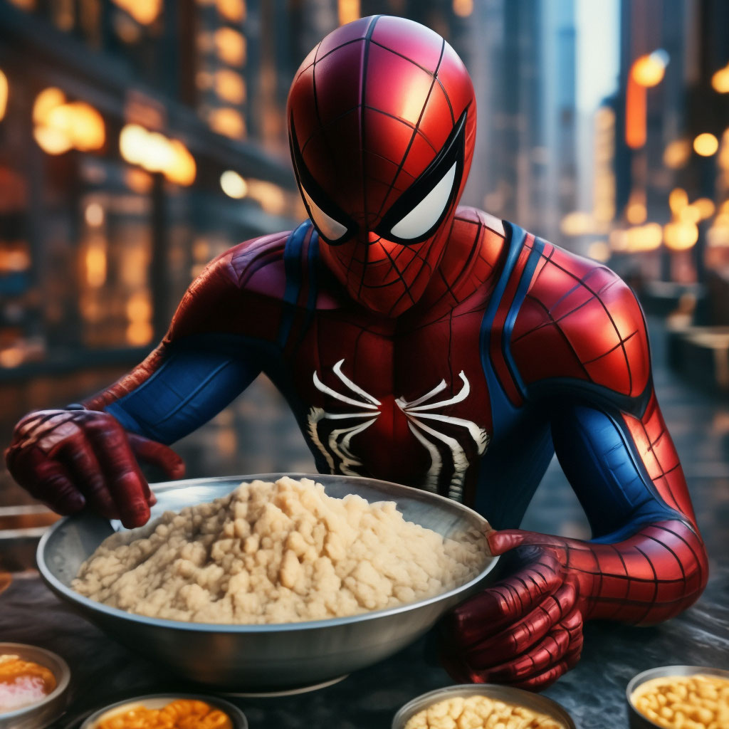 "Spider-man eats porridge" — image created in Shedevrum