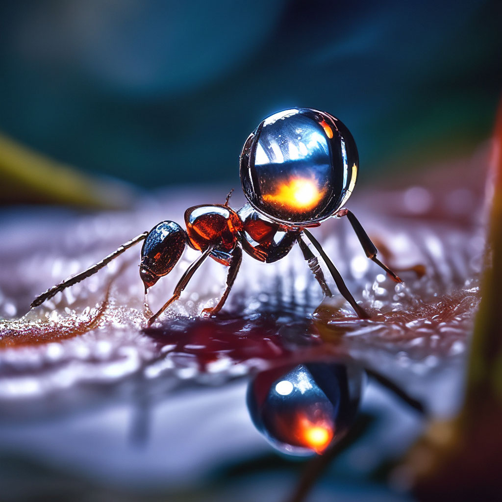 "An ant carries a drop of nectar, a reflection of the moon, macro ...