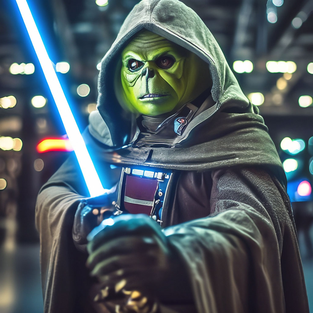 "Grinch-Jedi, holds a laser sword in his right hand,, professional ...