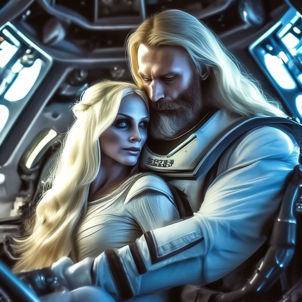 "A ghoul woman in the cockpit of a spaceship cuddles up to a man of ...