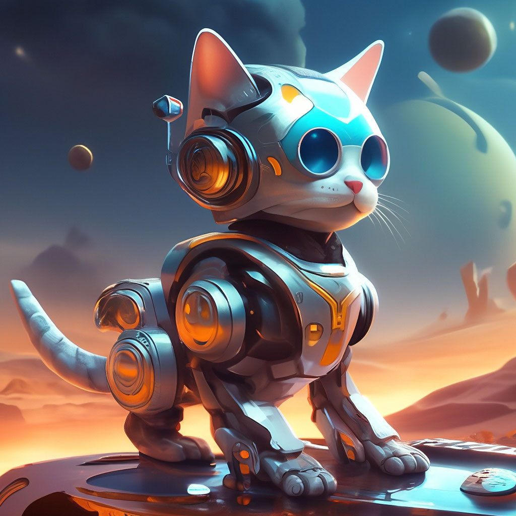 "Robo cat on the planet of the asminogs" — image created in Shedevrum