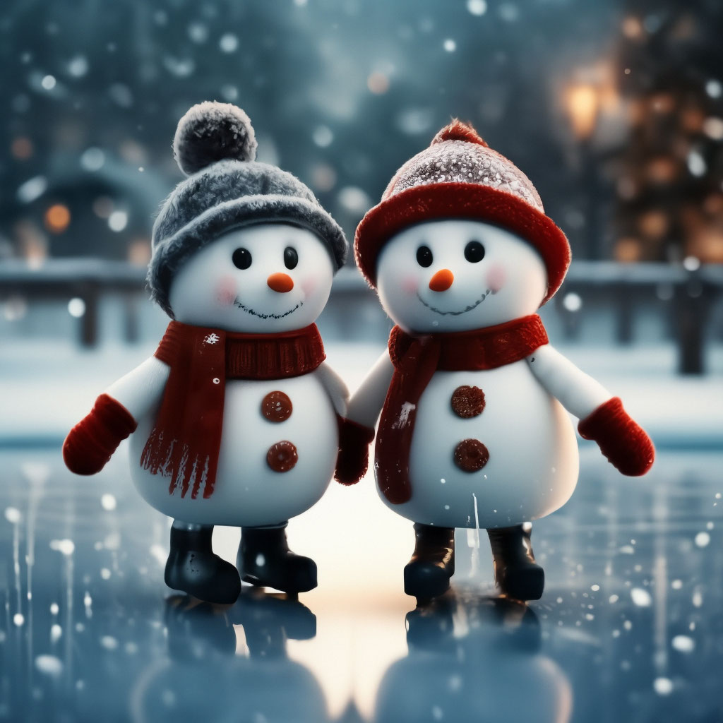 "Icy transparent two snowmen are skating on a skating rink, it's ...