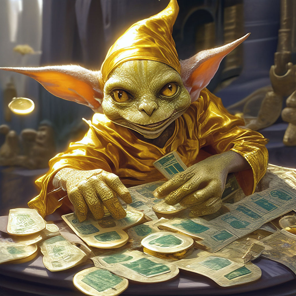"The Golden Goblin counts money" — image created in Shedevrum
