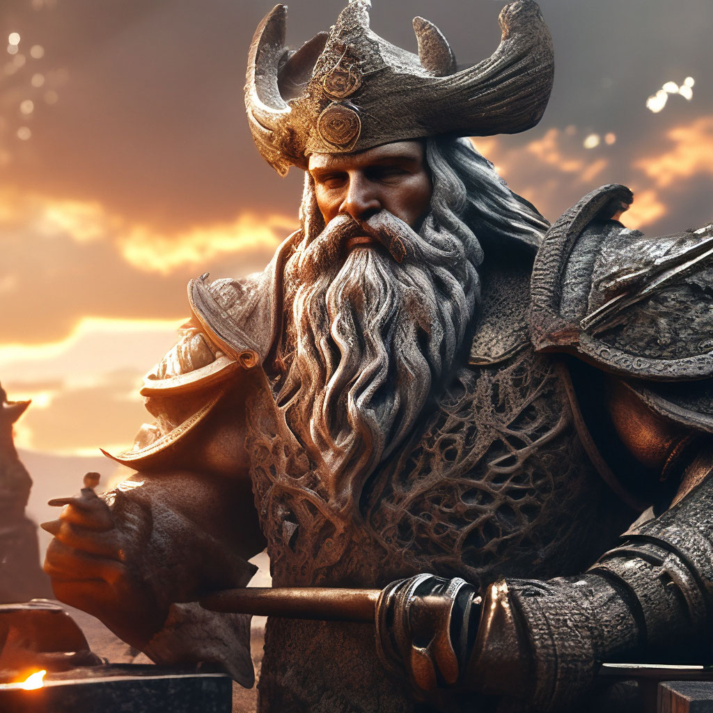 "Blacksmith, svarog from Slavic mythology, view from afar, wide ...
