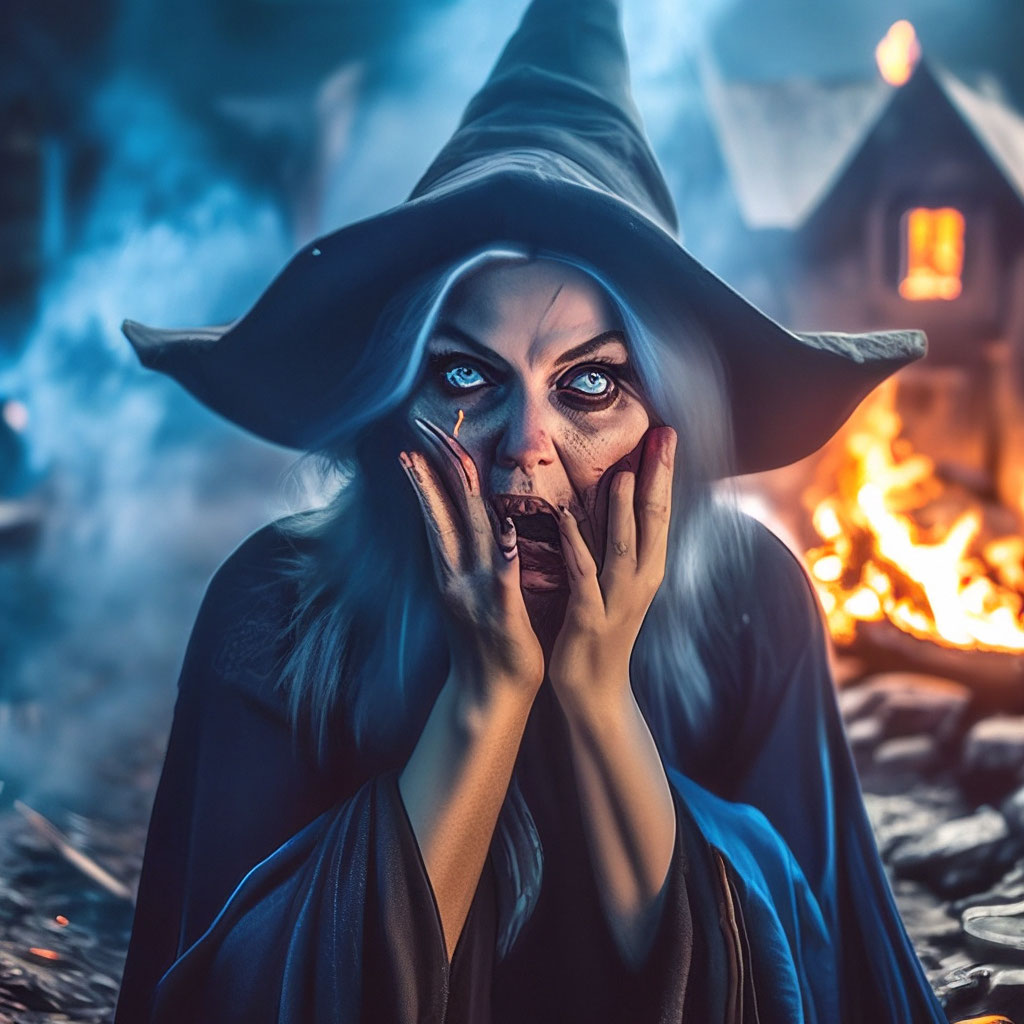 "Scary witch, focus on the face, the witch is upset, the witch is ...