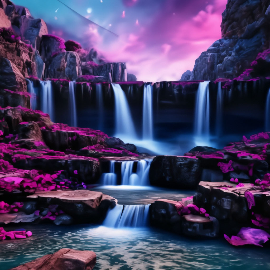 "Beautiful ethereal waterfall nearby descent stone steps, galactic sky ...