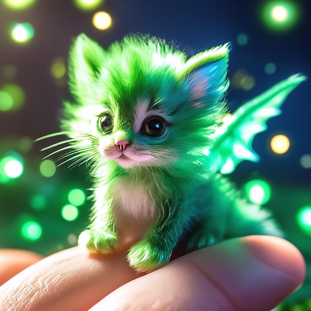 "Mini dragon small,tiny,cute, green fluffy kitten with green shining ...