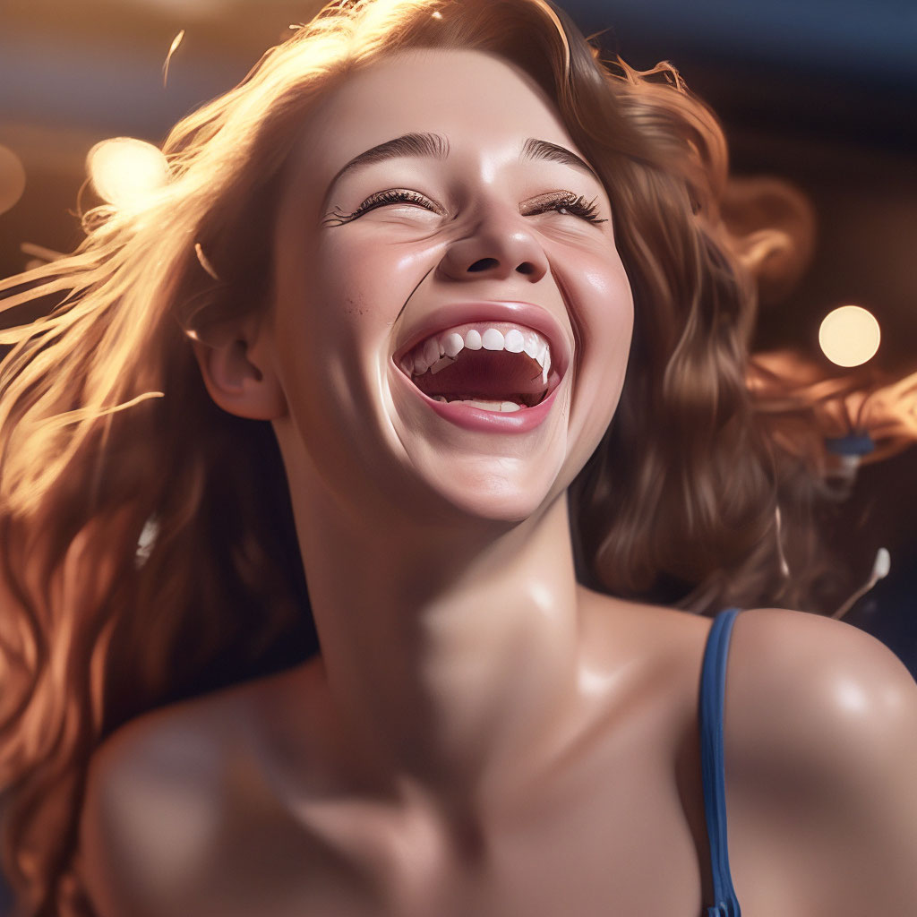 "The girl laughs to tears, very funny, wide smile, expressive look ...