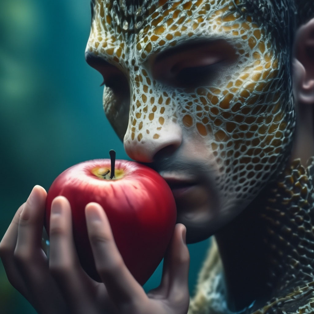 "The snake man eats an apple beautifully" — image created in Shedevrum