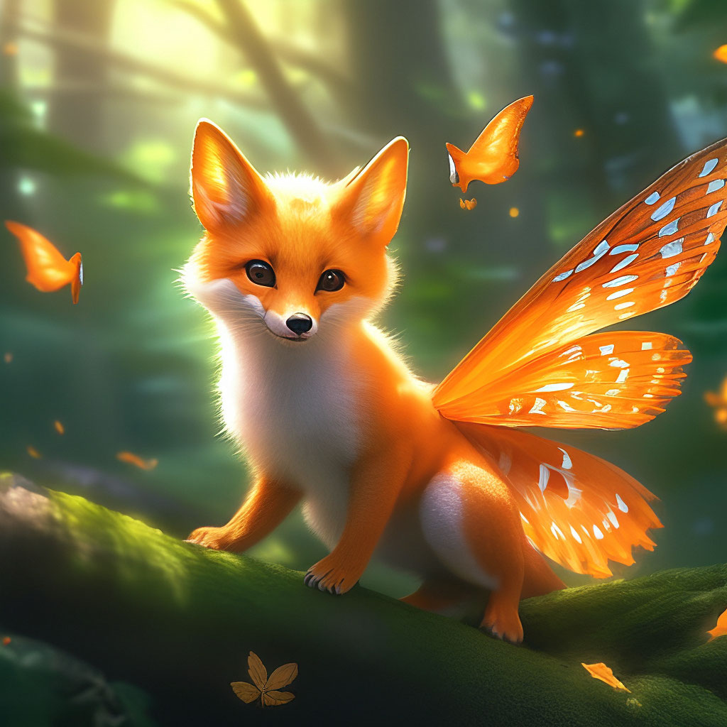 "A hybrid of a mystical orange fox-feneca and a butterfly, a fox-druid ...