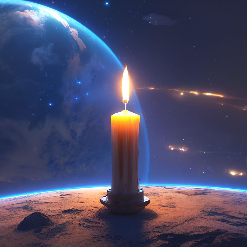 "Candle in space, planet in space, realistic, dim lighting" — image ...