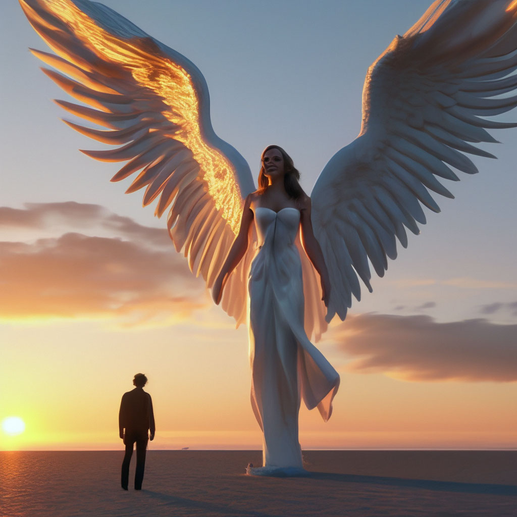 "A huge angel girl stands with huge wings spread, an ordinary man is ...